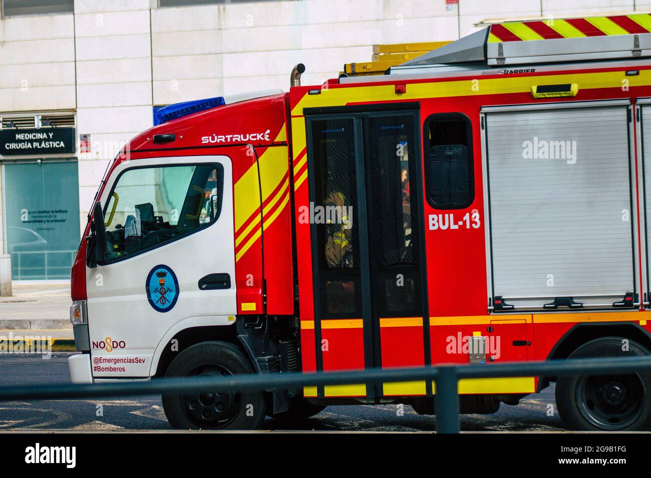 Seville Spain July 23, 2021 Fire engine in the streets of Seville, an ...