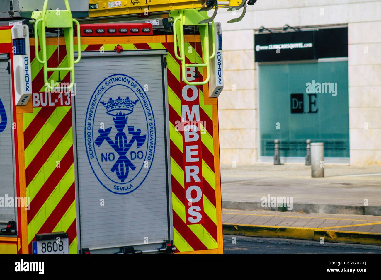 Seville Spain July 23, 2021 Fire engine in the streets of Seville, an ...