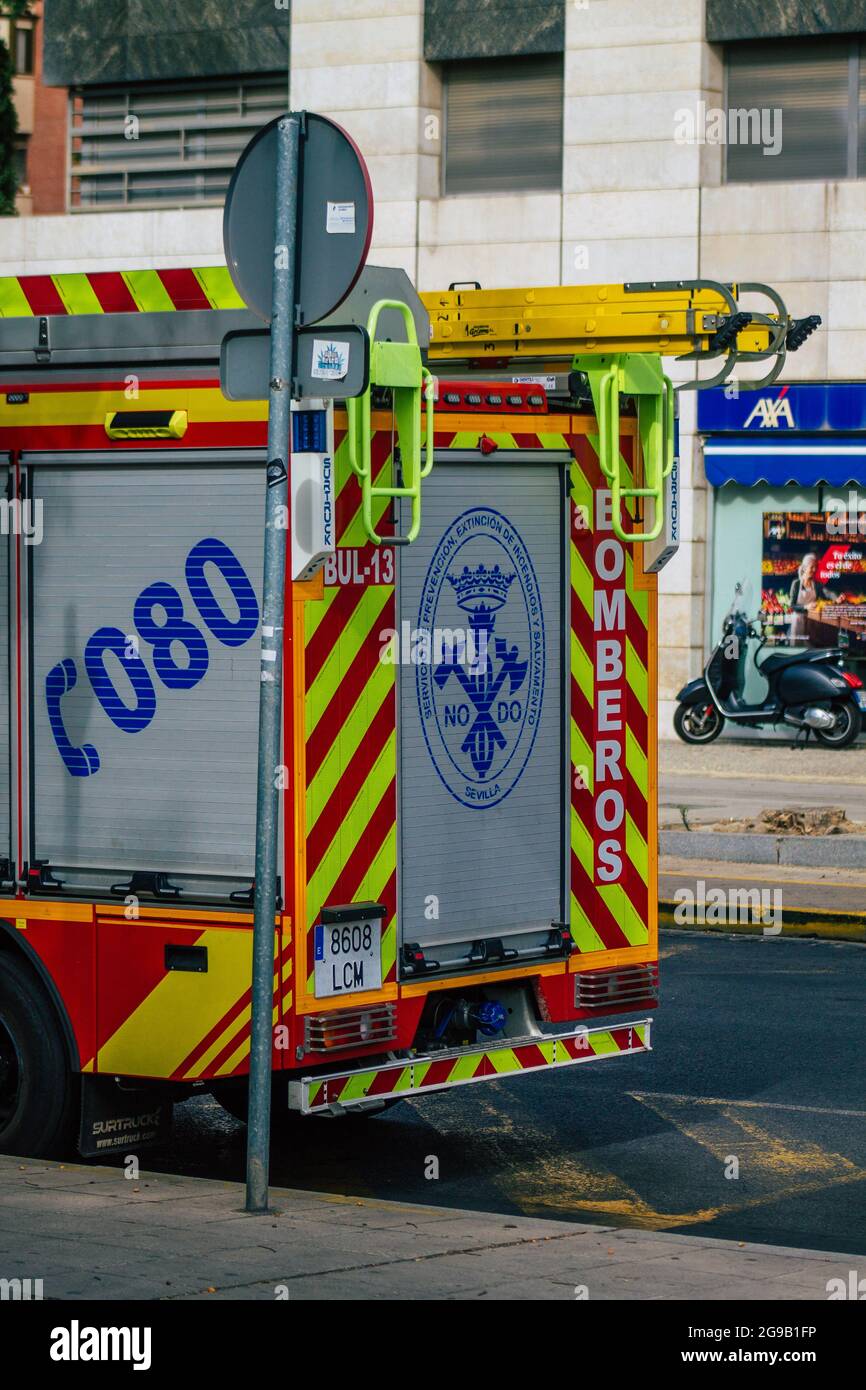 Seville Spain July 23, 2021 Fire engine in the streets of Seville, an ...