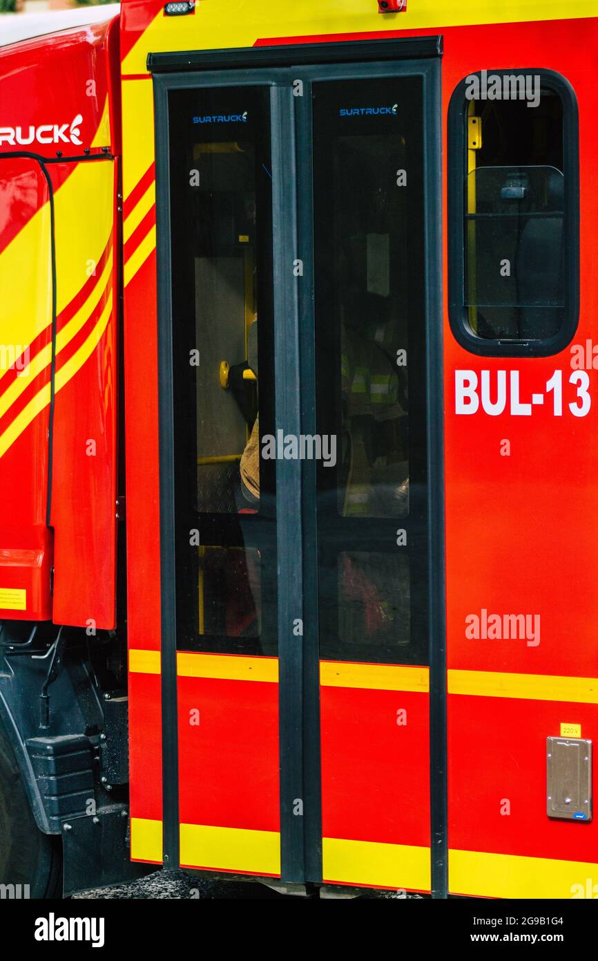Seville Spain July 23, 2021 Fire engine in the streets of Seville, an ...