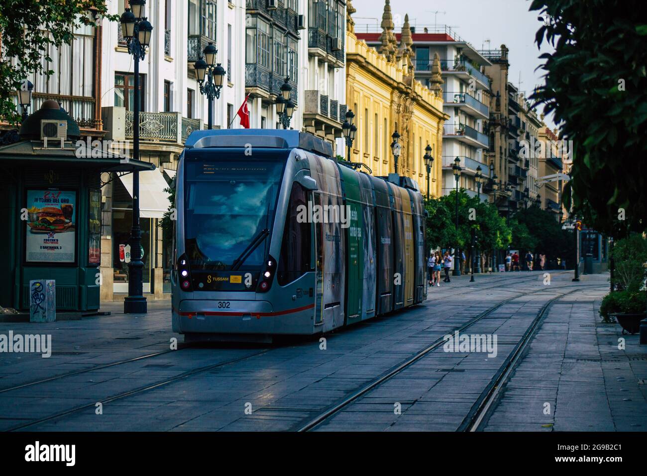 Seville Spain July 23, 2021 Modern electric tram for passengers rolling ...