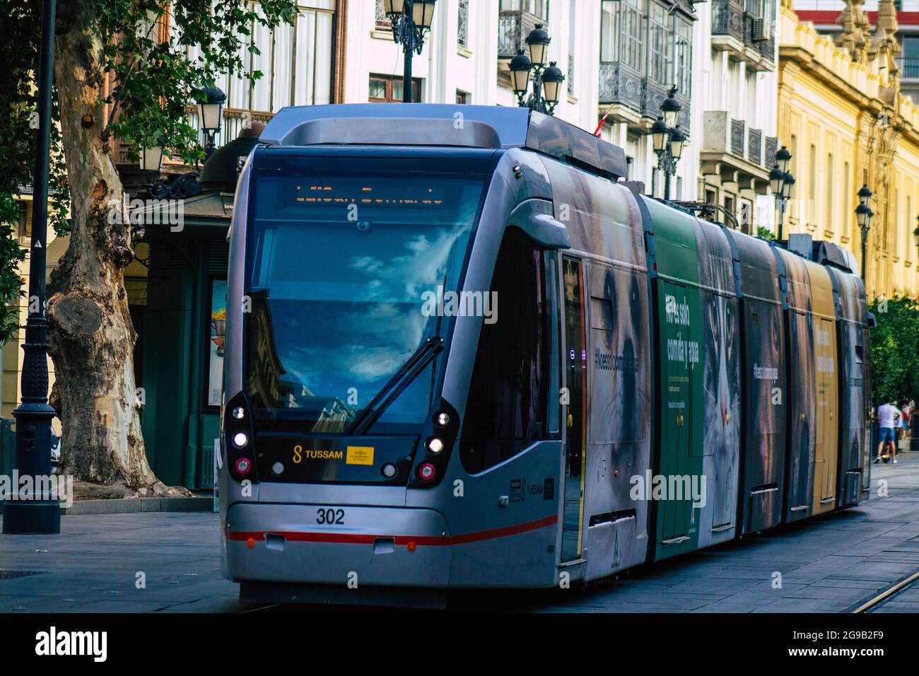 Seville Spain July 23, 2021 Modern electric tram for passengers rolling ...