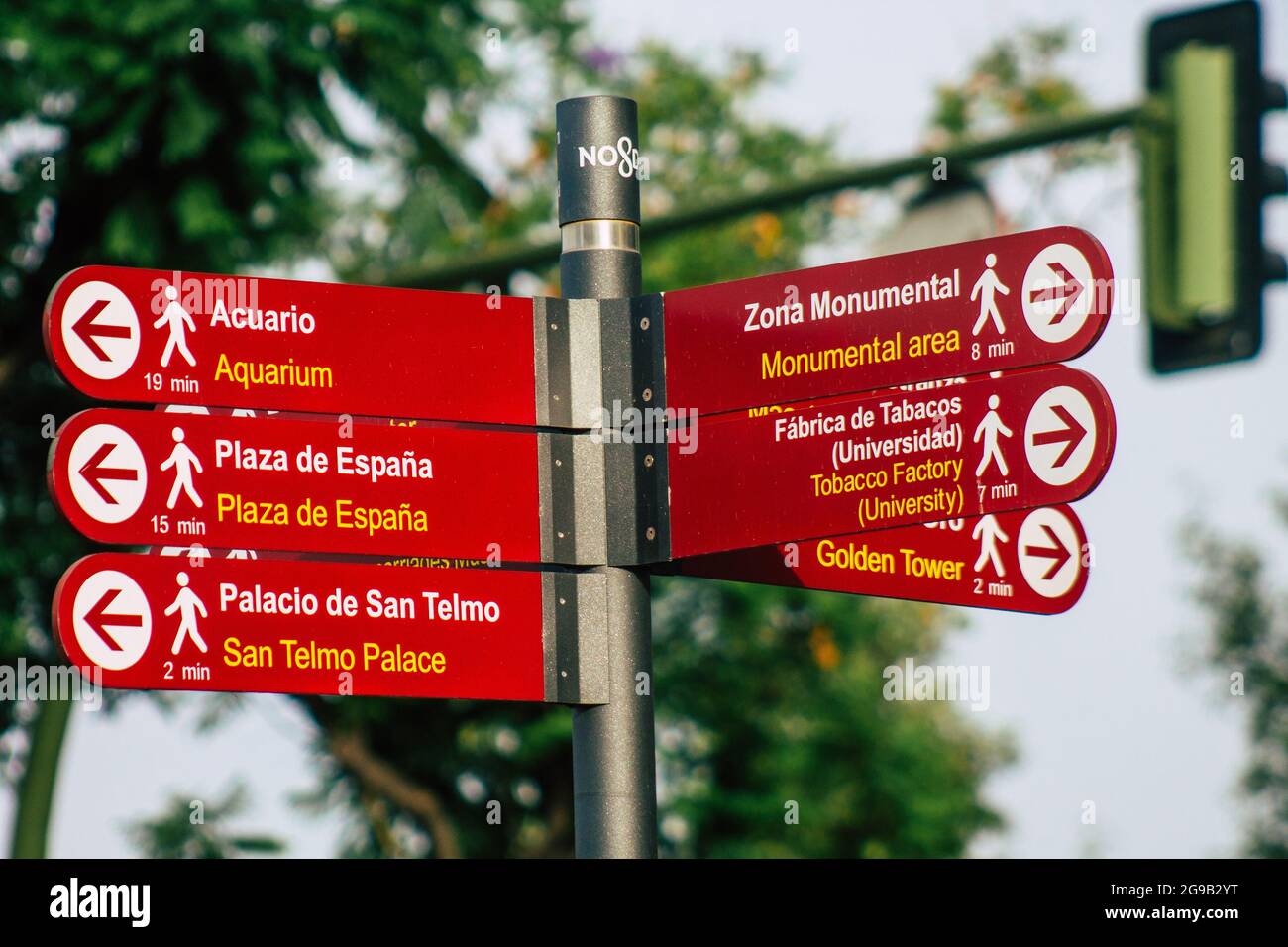 Seville Spain July 23, 2021 Street sign or road sign, erected at the ...
