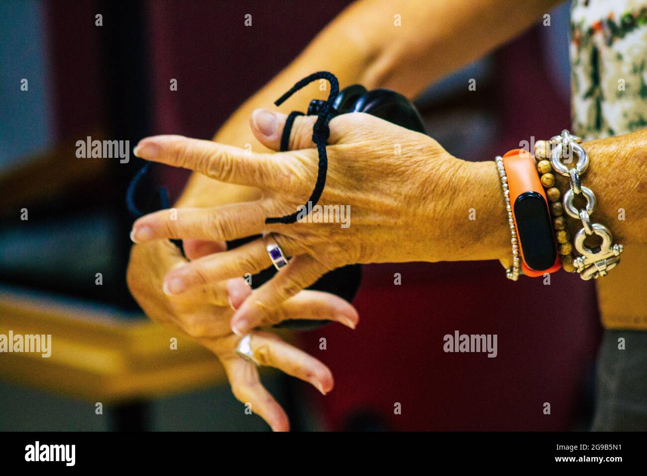 Seville Spain July 23, 2021 Closeup of the hands of castanets players ...