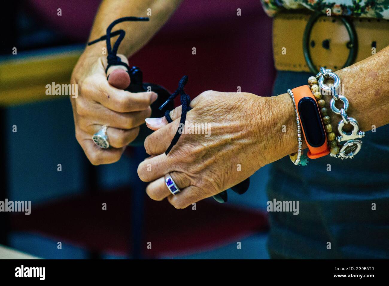 Seville Spain July 23, 2021 Closeup of the hands of castanets players ...