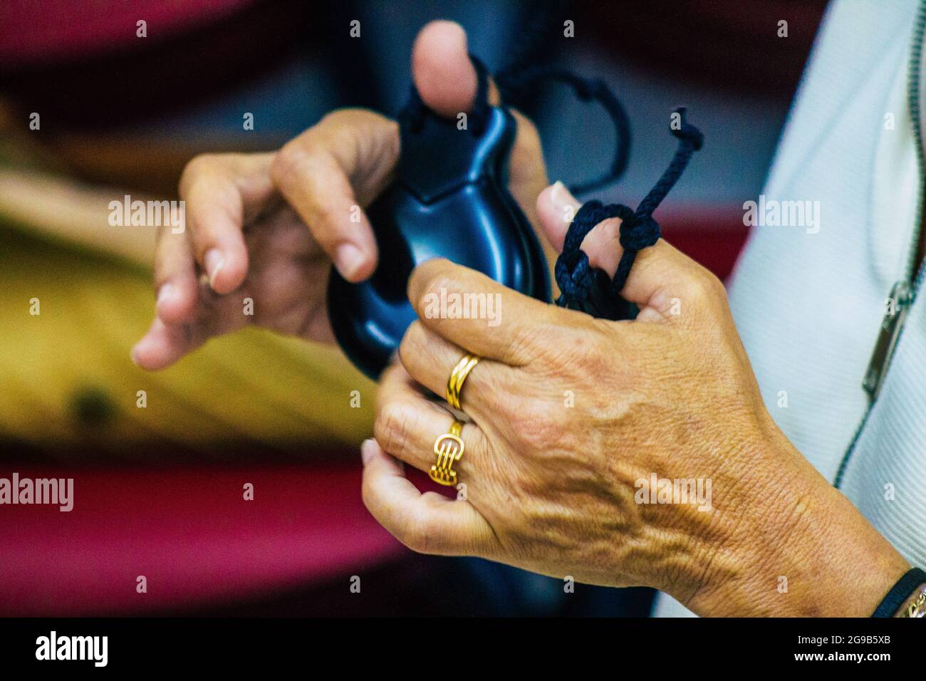 Seville Spain July 23, 2021 Closeup of the hands of castanets players ...