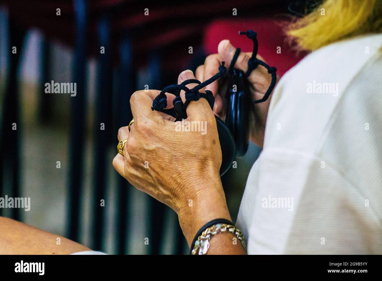 Seville Spain July 23, 2021 Closeup of the hands of castanets players ...