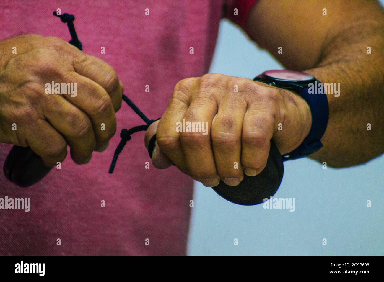 Seville Spain July 23, 2021 Closeup of the hands of castanets players ...