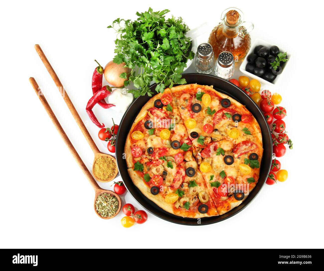 colorful composition of delicious pizza, vegetables and spices on white ...