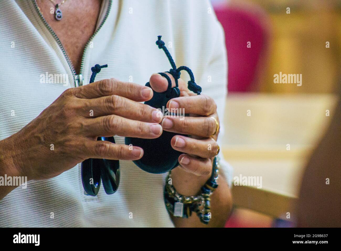 Seville Spain July 23, 2021 Closeup of the hands of castanets players ...