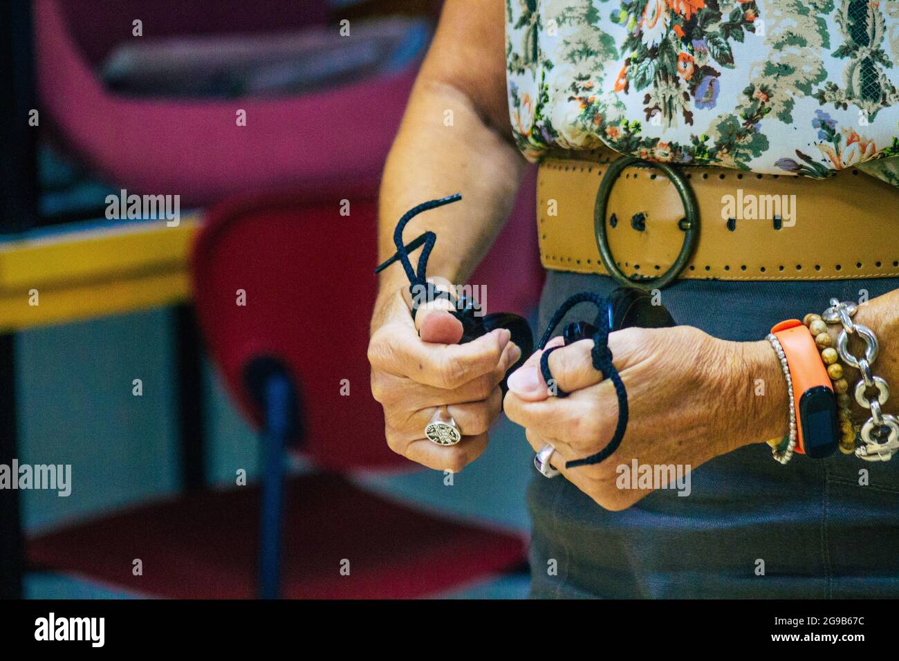 Seville Spain July 23, 2021 Closeup of the hands of castanets players ...