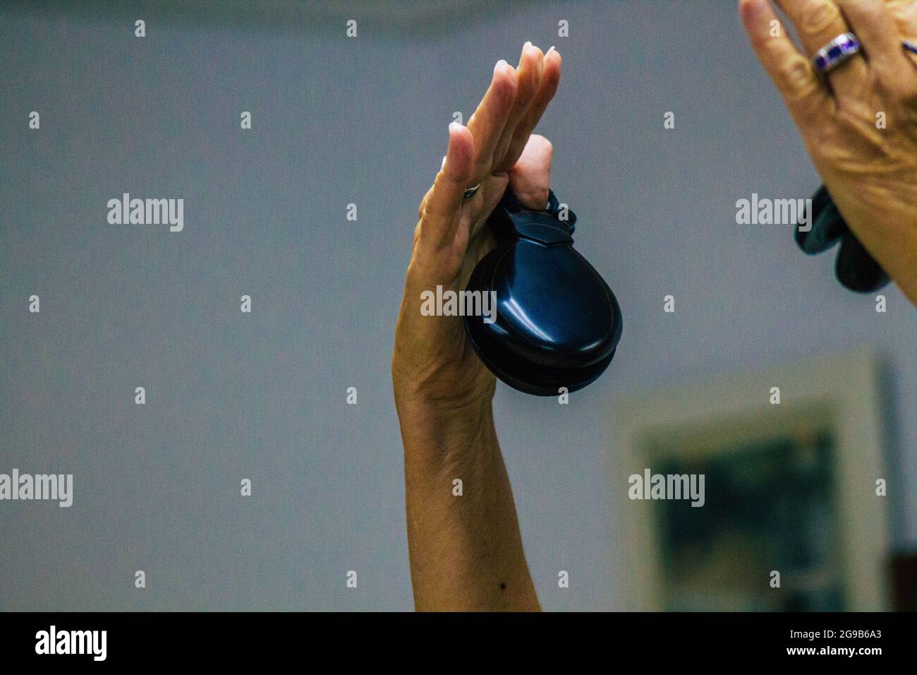 Seville Spain July 23, 2021 Closeup of the hands of castanets players ...
