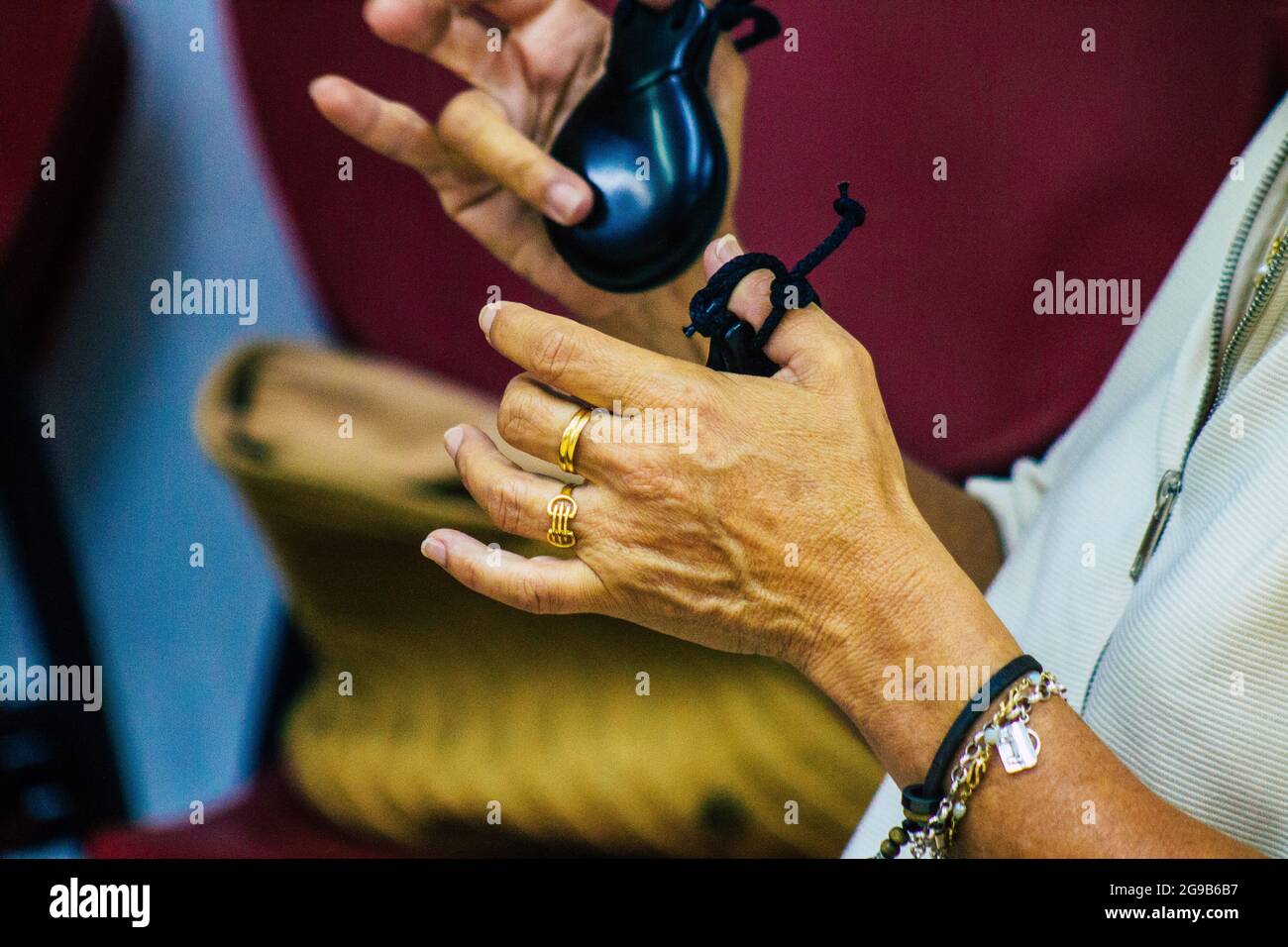 Seville Spain July 23, 2021 Closeup of the hands of castanets players ...