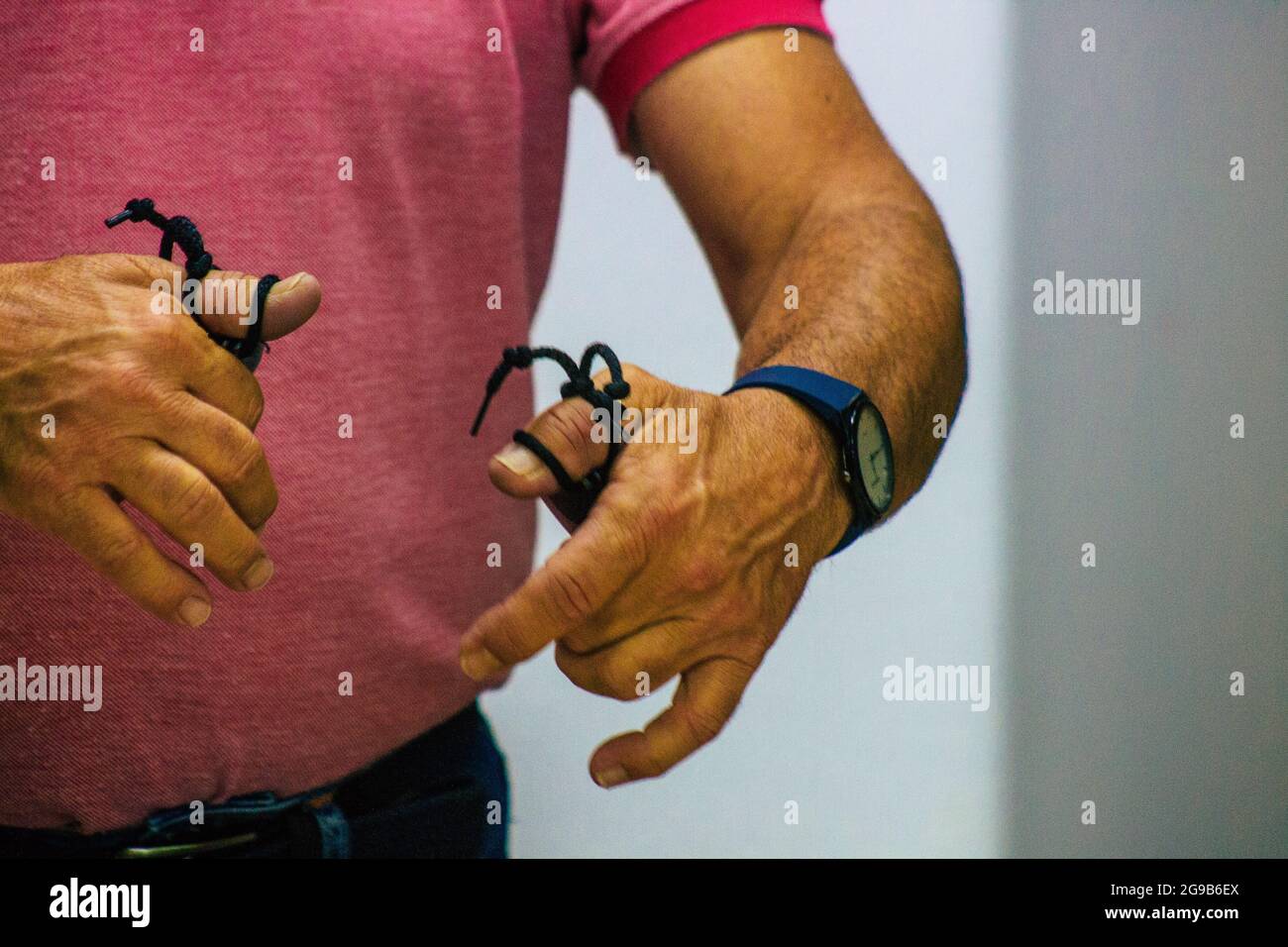 Seville Spain July 23, 2021 Closeup of the hands of castanets players ...