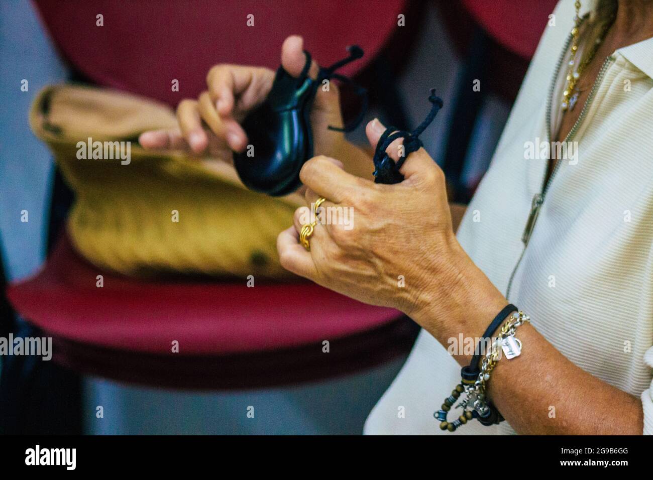 Seville Spain July 23, 2021 Closeup of the hands of castanets players ...