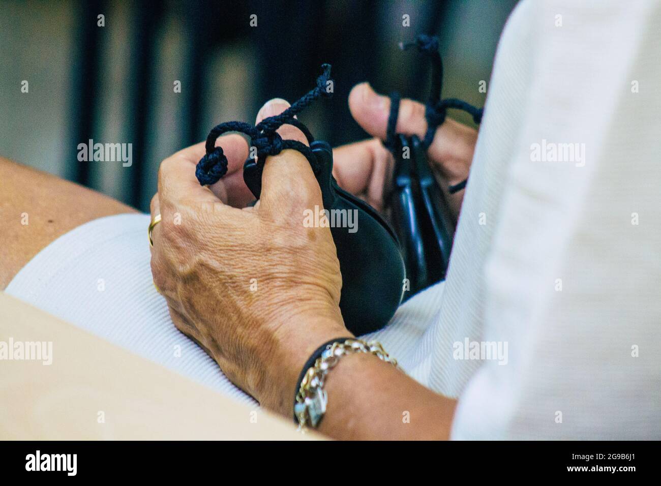 Seville Spain July 23, 2021 Closeup of the hands of castanets players ...
