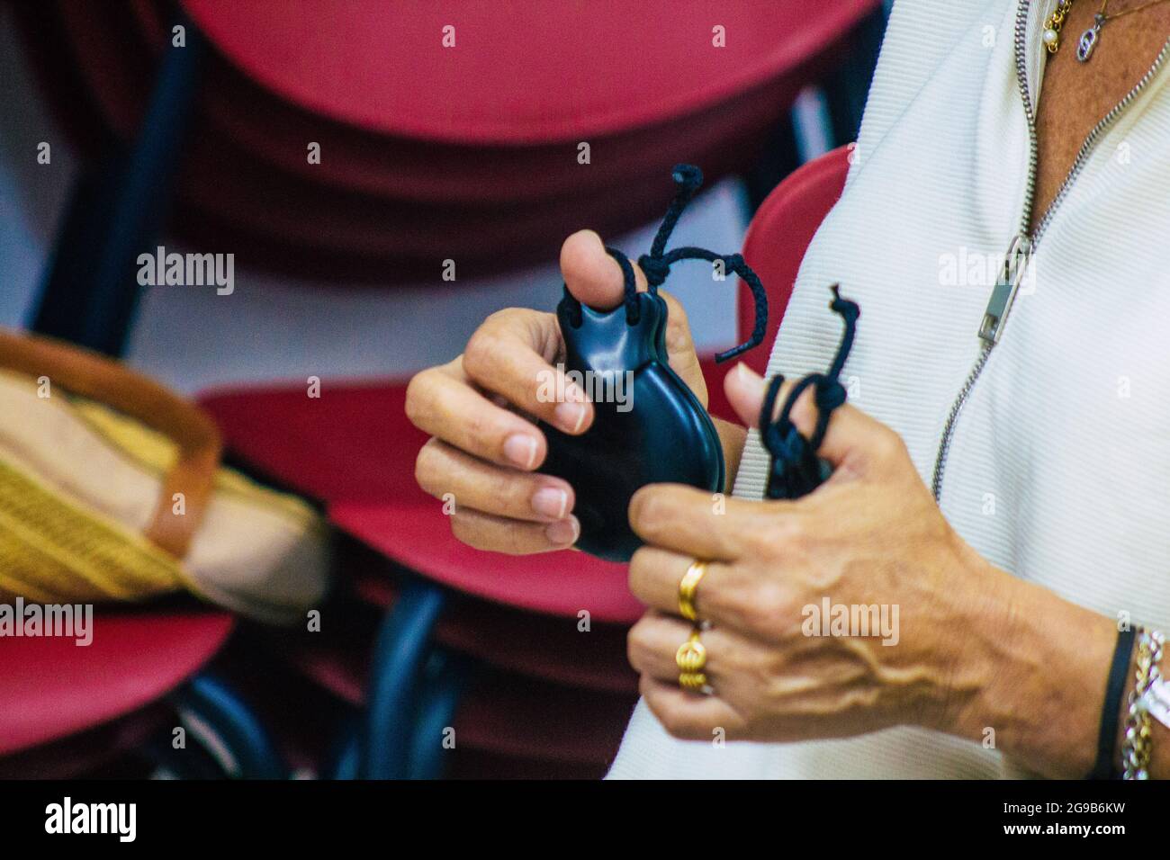 Seville Spain July 23, 2021 Closeup of the hands of castanets players ...