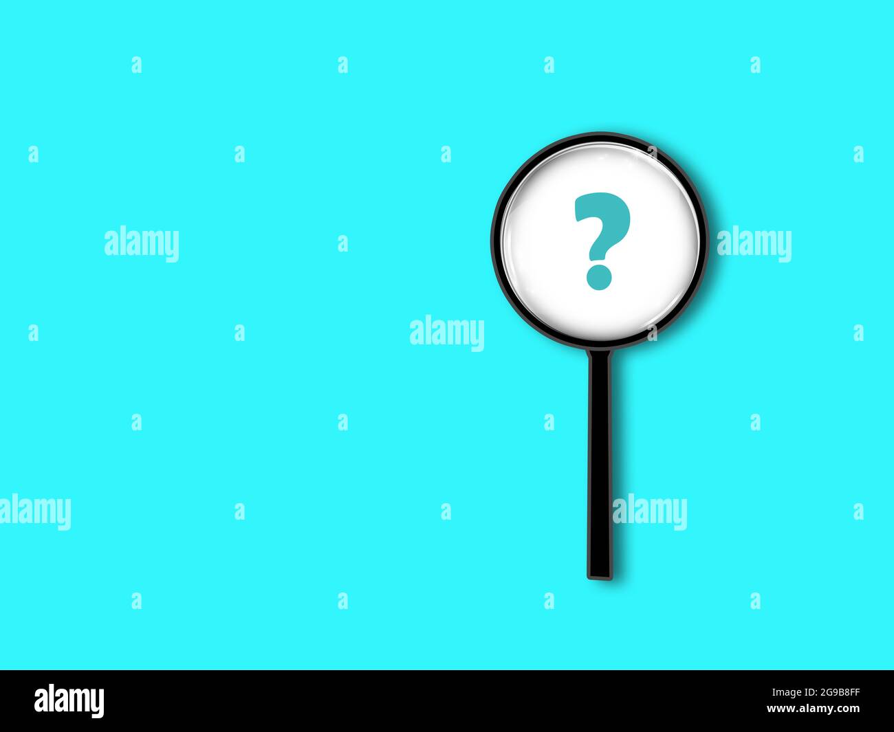 Magnifying glass and Question mark on turquoise background. research ...