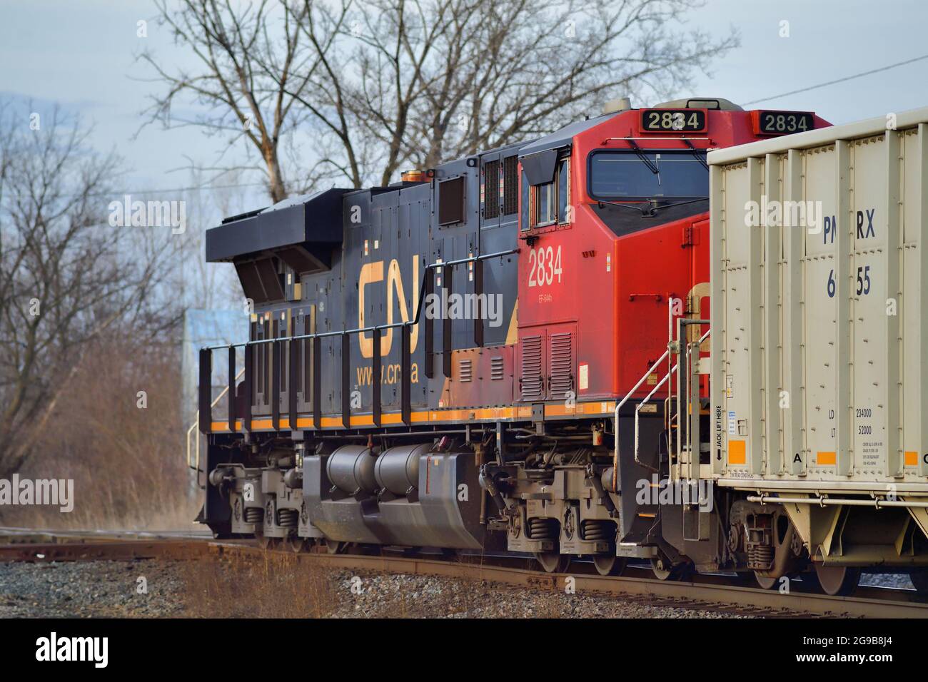 Elgin, Illinois, USA. A Canadian National Railway locomotives acting as ...