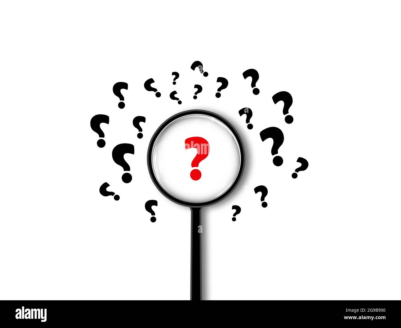 Red Question mark inside the Magnifying Glass, with many others balck ...