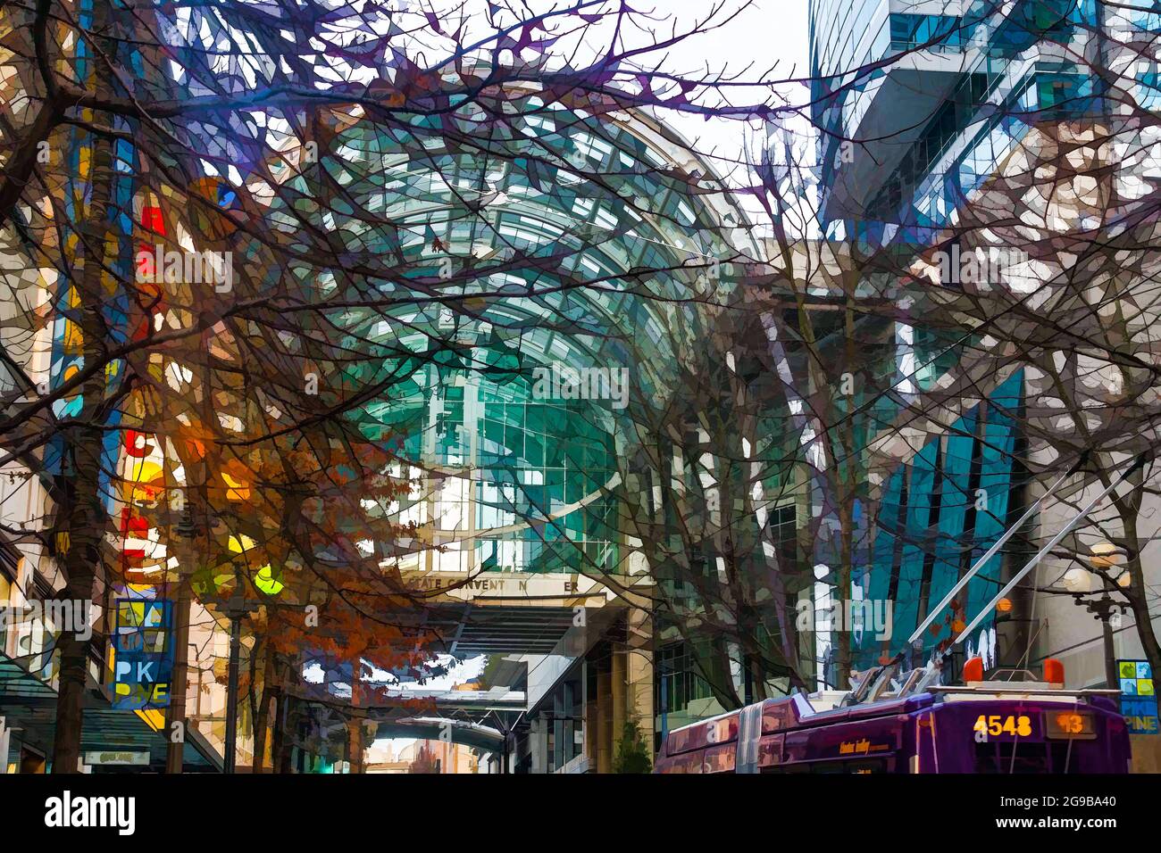 Illustration of Pine Street in Seattle and the convention center Stock ...