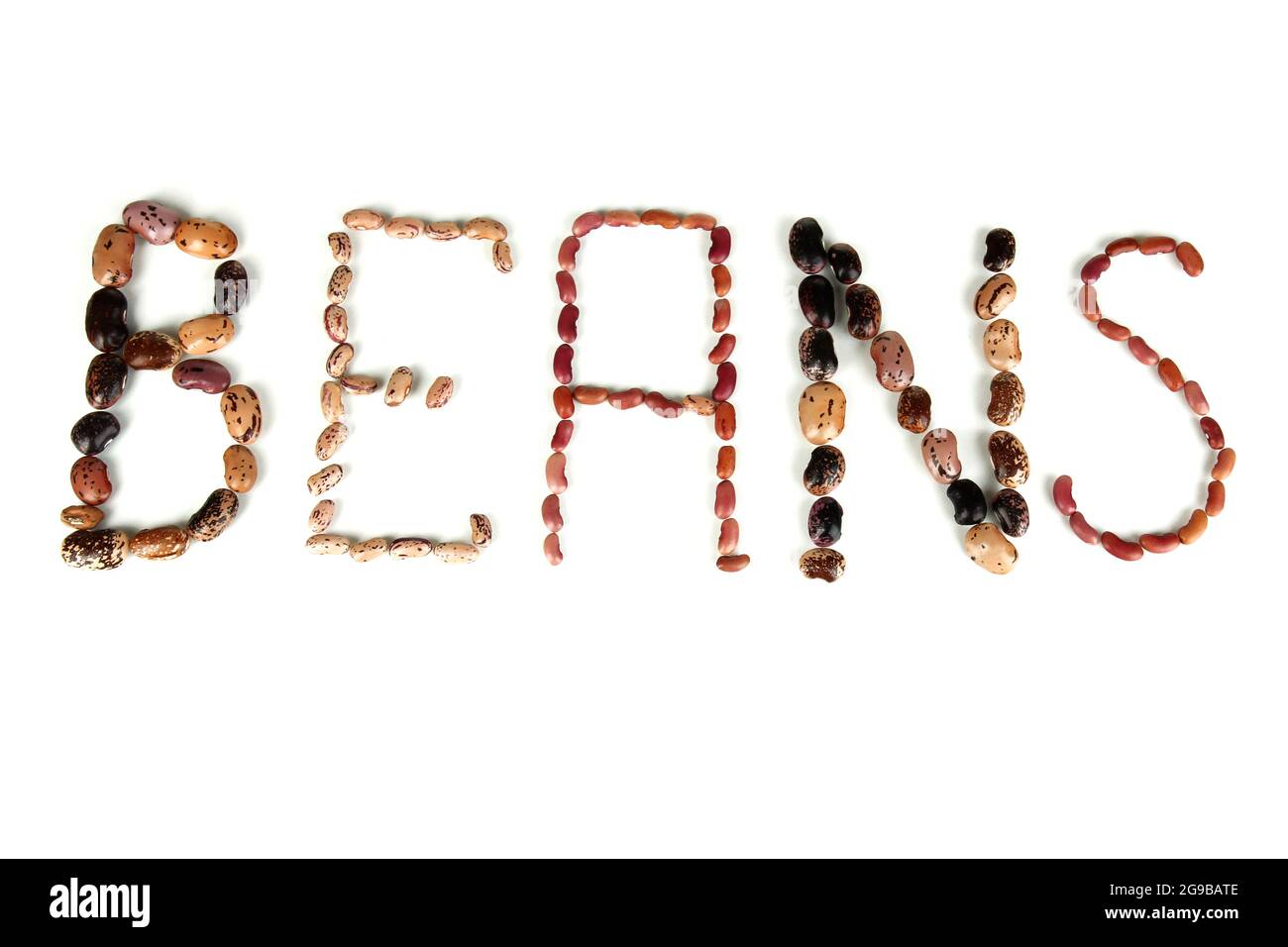 The word Beans is lined by different types of beans isolated on white ...