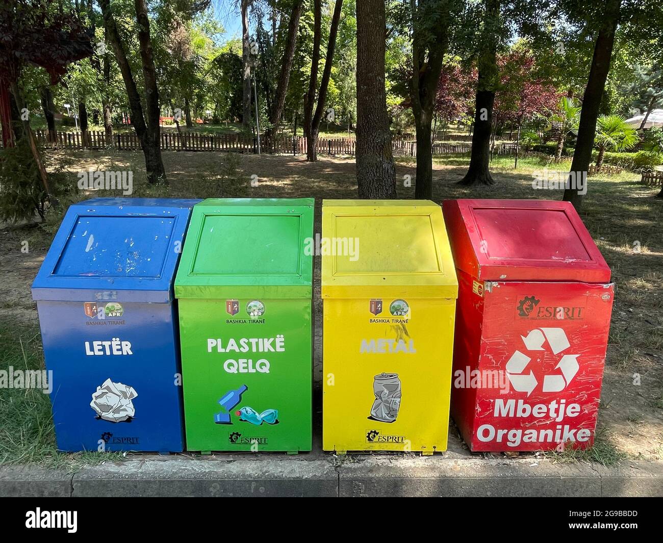Colorful Recycle Bins In The Park. Save the planet concept Stock Photo ...