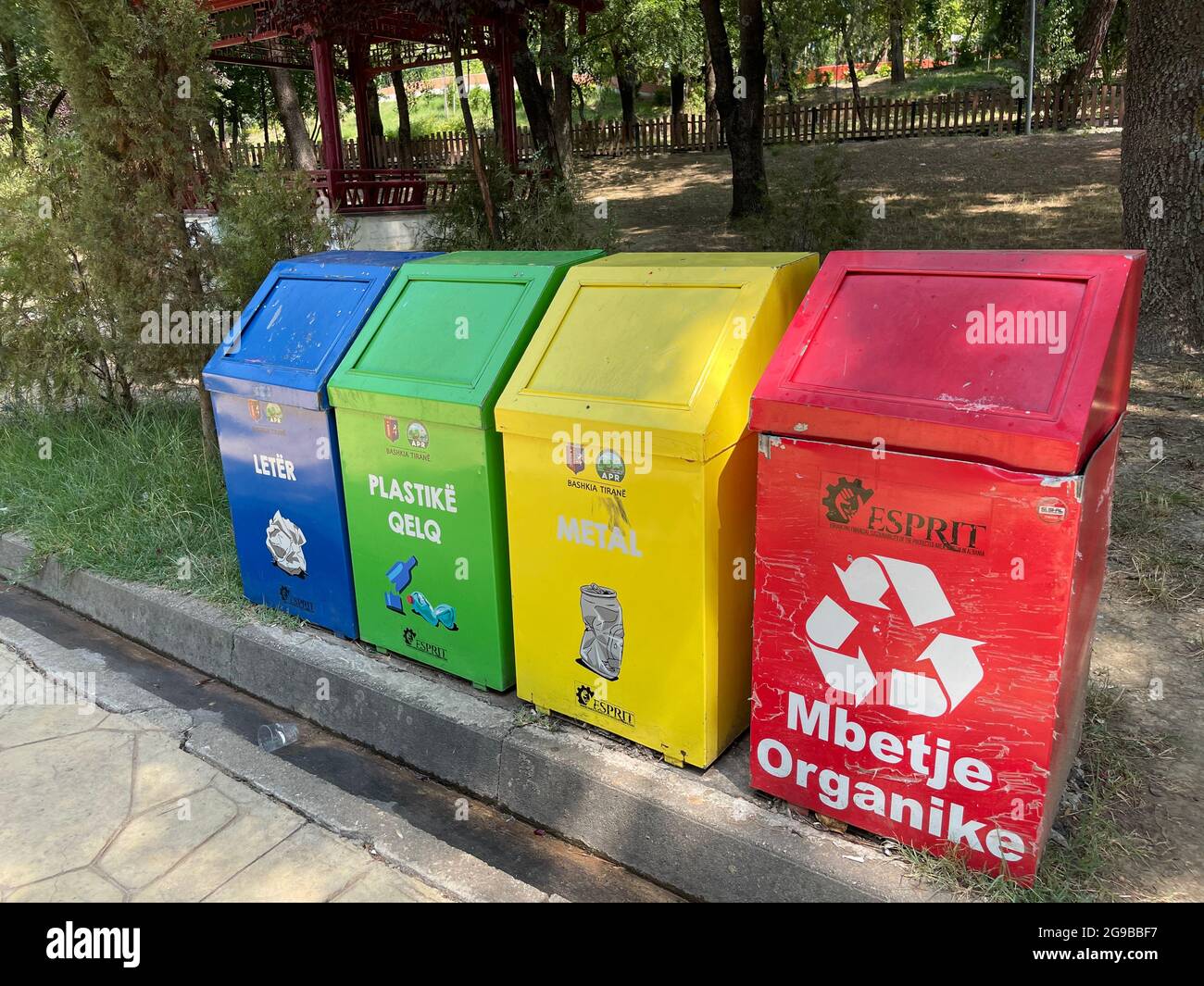 Colorful Recycle Bins In The Park. Save the planet concept Stock Photo ...