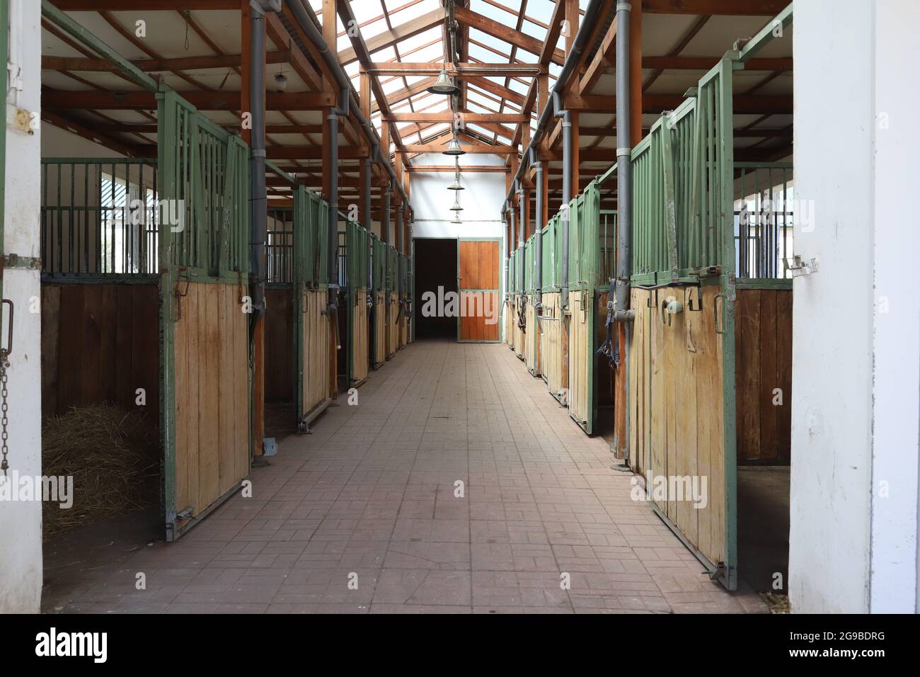 Inside modern clear stable or barn with horse boxes. Passageway view in ...