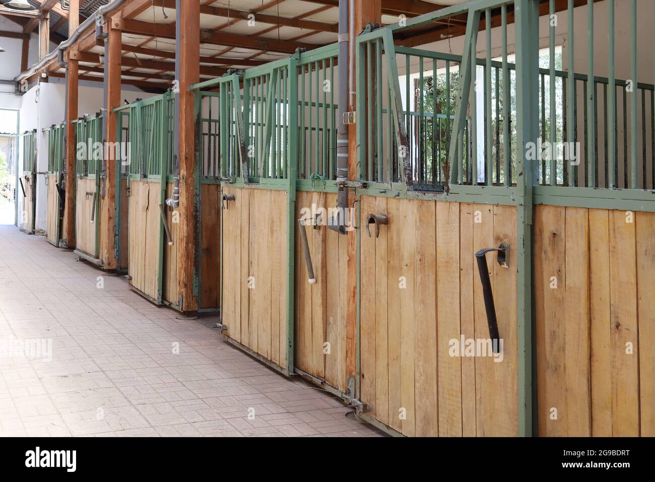 Inside modern clear stable or barn with horse boxes. Passageway view in ...