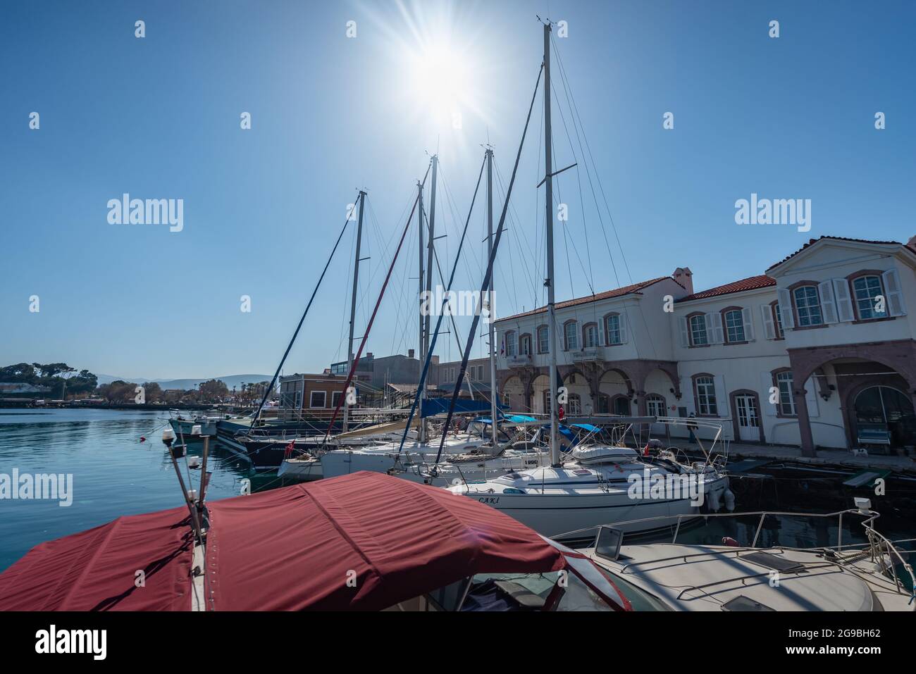 ISKELE, URLA, IZMIR, TURKEY. View on marina from the cafe on the pier ...