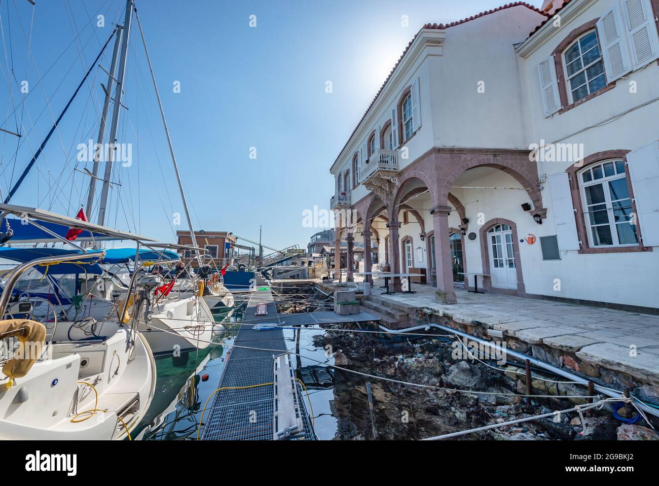 ISKELE, URLA, IZMIR, TURKEY. View on marina from the cafe on the pier ...