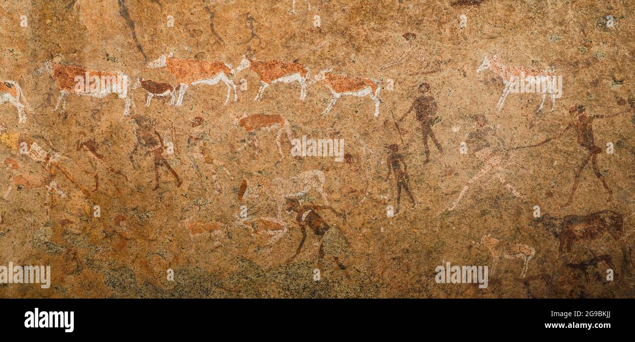 Panorama of ancient prehistoric cave painting known as the White Lady ...