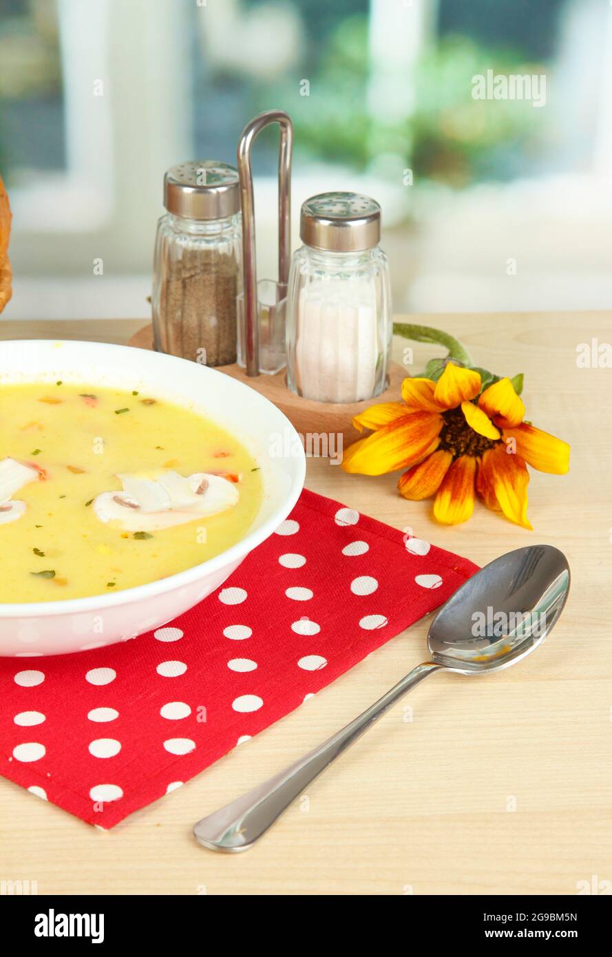 Fragrant soup in white plate on table on window background close-up ...