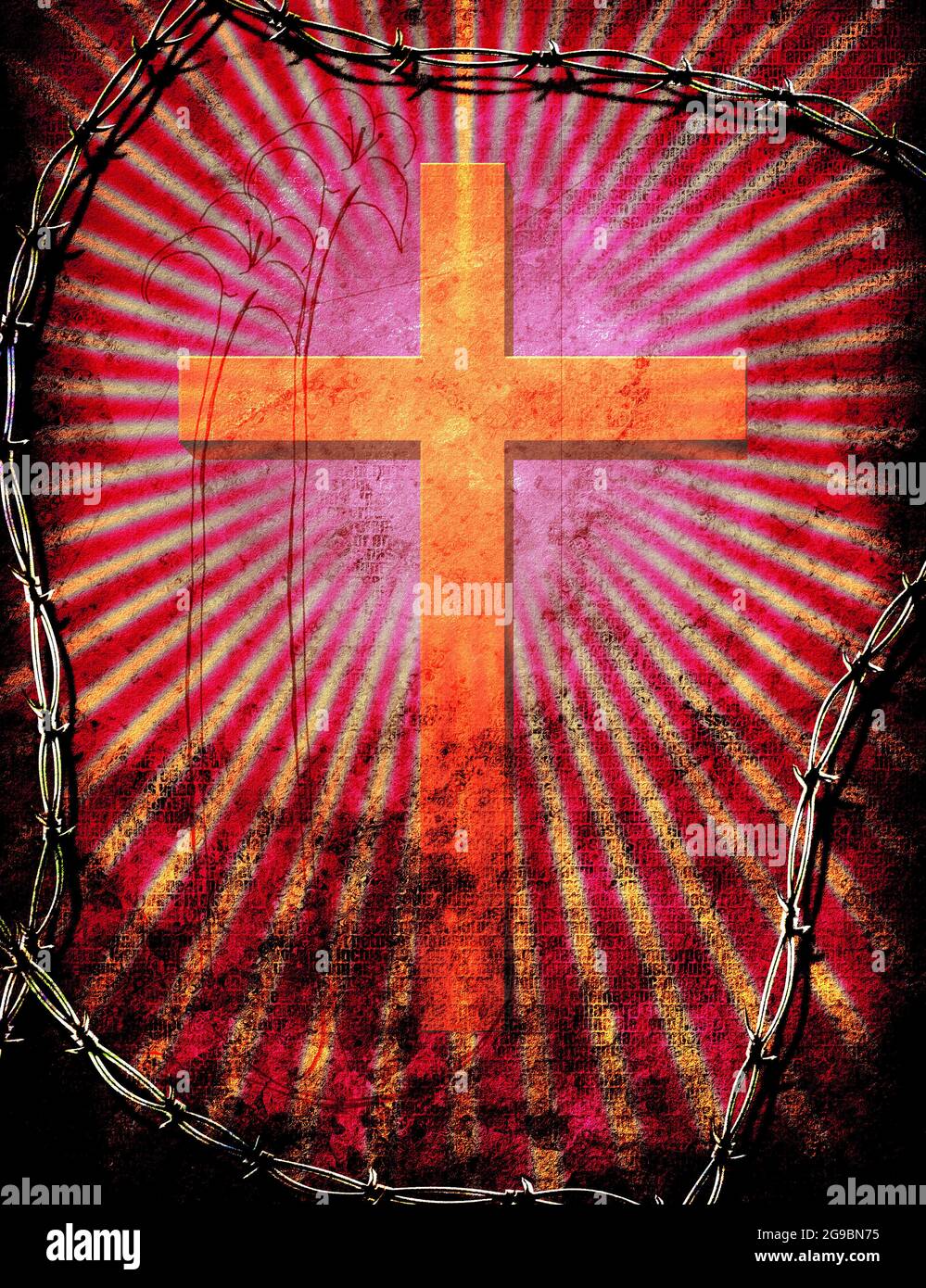 Christian cross in rays of light. Barbed wire frame Stock Photo - Alamy