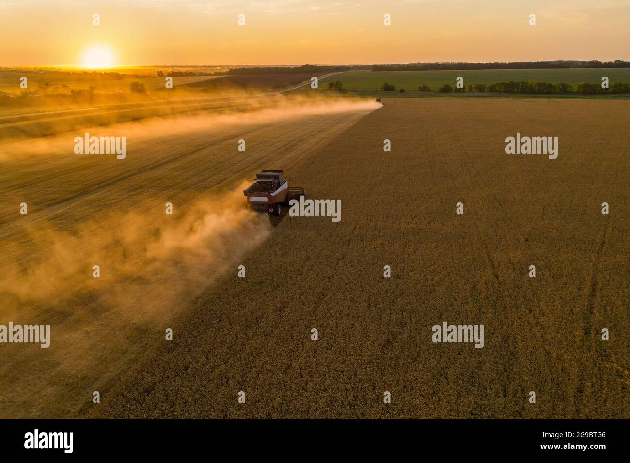 Combine harvester on the field at sunset. Aerial view Stock Photo - Alamy