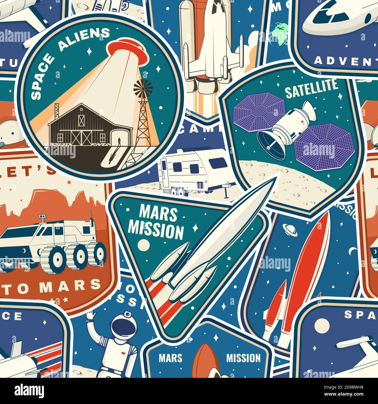 Set of space mission colorful seamless pattern with space rocket alien ...