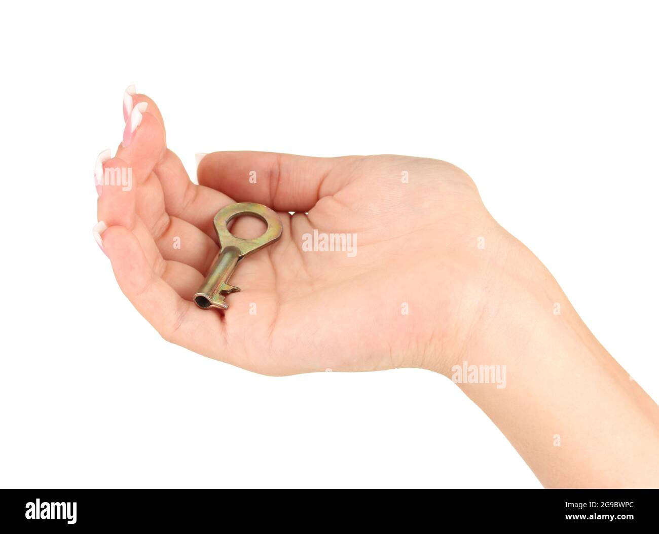 Woman's hand with key, on white background close-up Stock Photo - Alamy