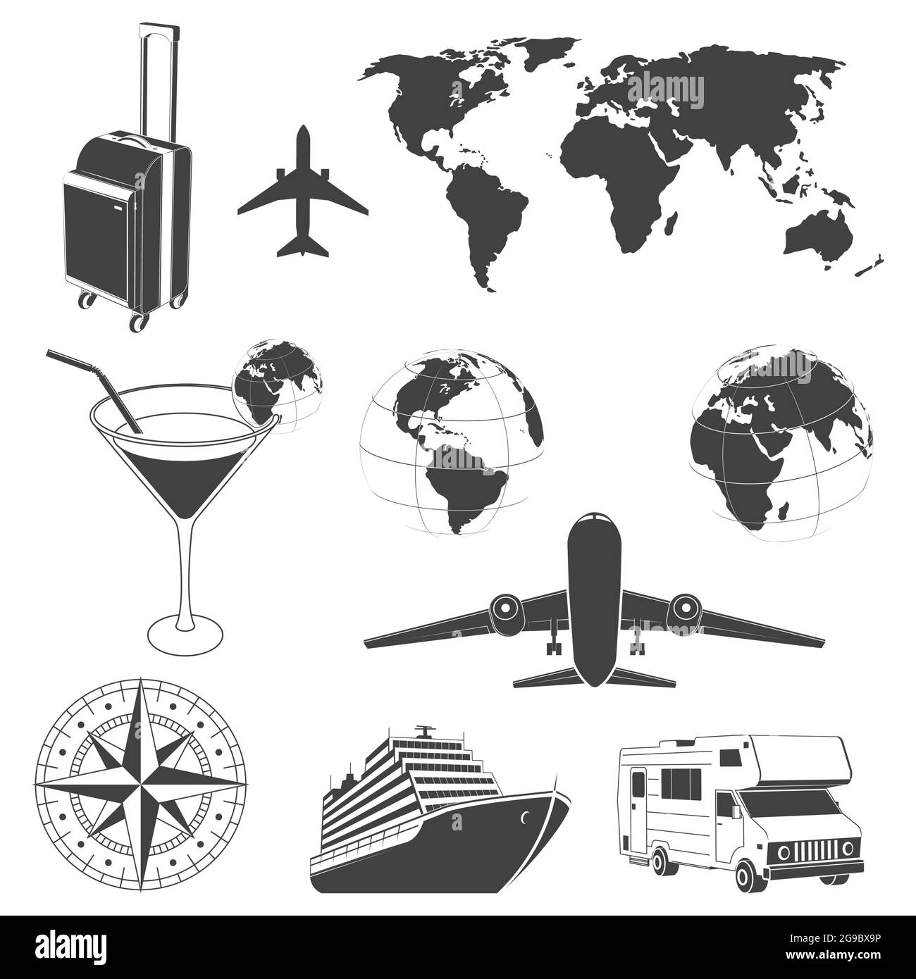 Set of travel icons silhouette Travel elements include globe, airplane ...