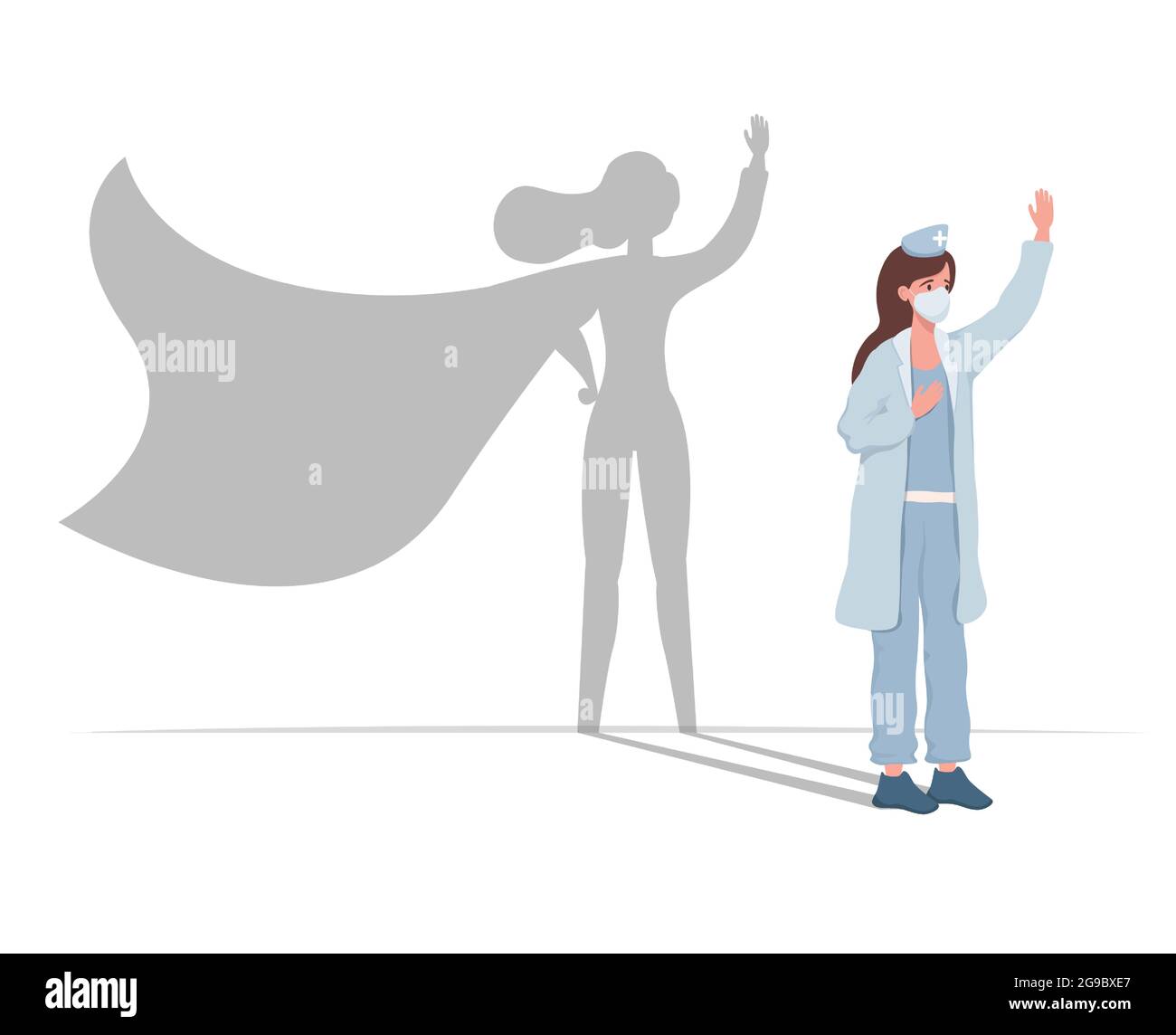 Young female doctor in uniform with superhero shadow vector flat ...