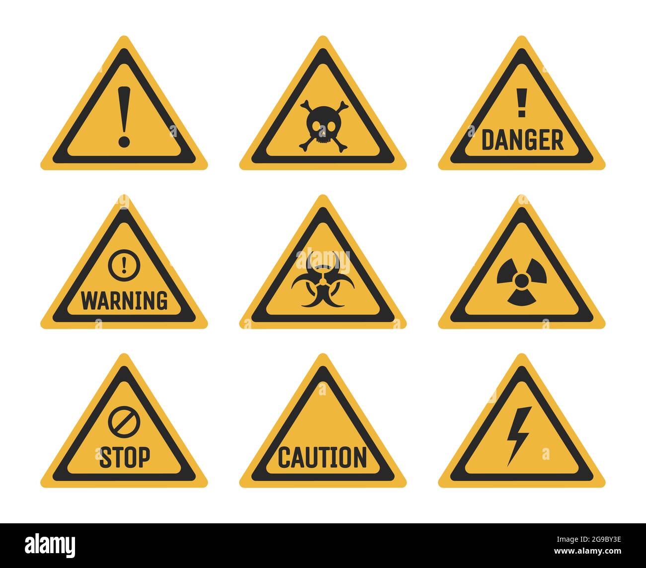 Set of prohibition and warning signs vector flat illustration. Danger ...