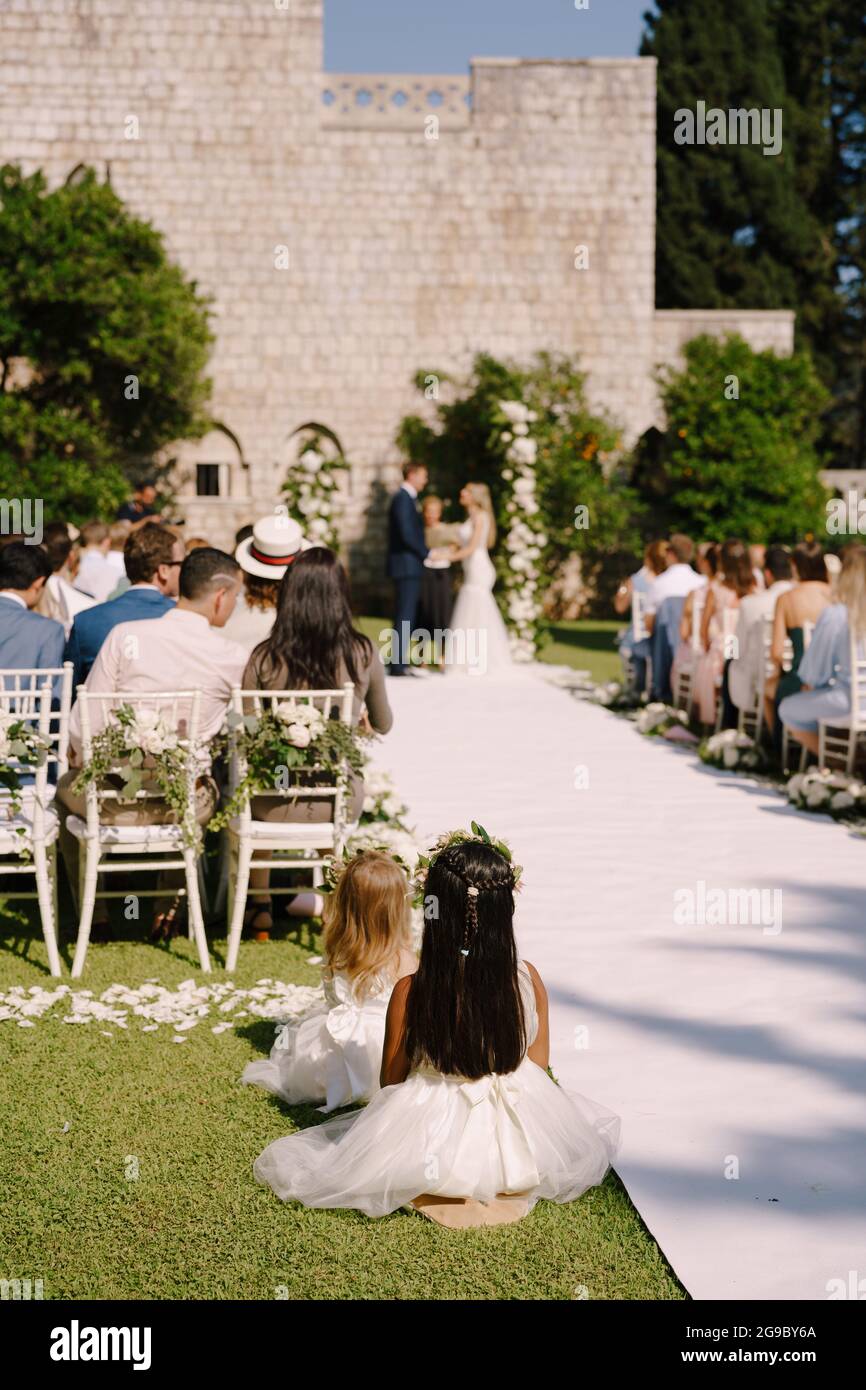 Wedding ceremony with many guests sitting on chairs on the lawn Stock ...