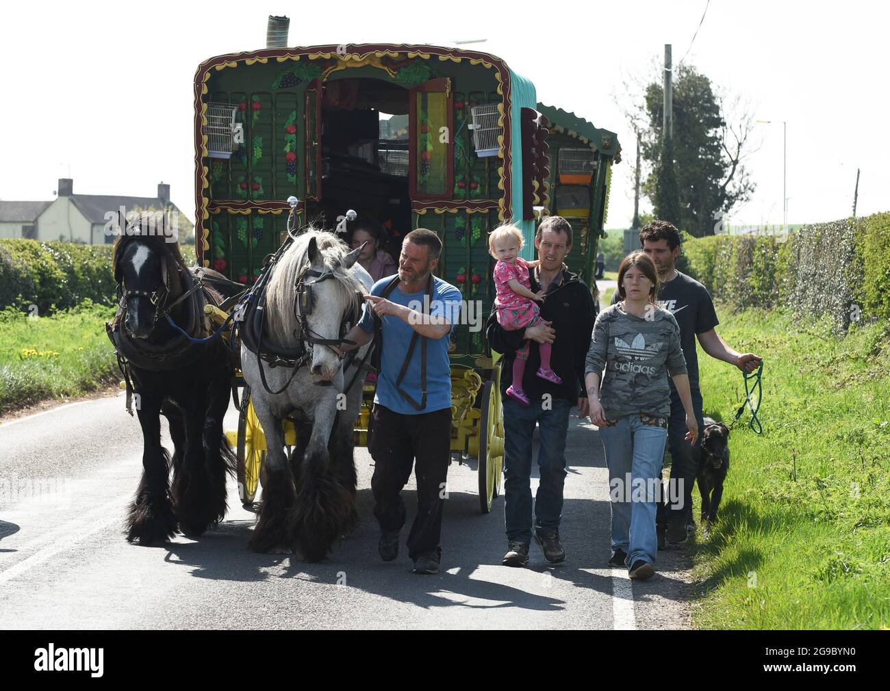 Romany traveller Percy Bennett and his family on the road at Sutton Maddock in Shropshire ...