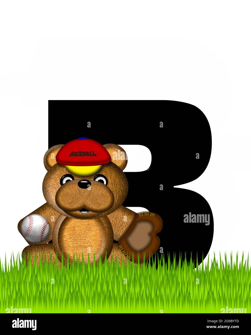 The letter B, in the alphabet set "Teddy Baseball," is black and sits ...