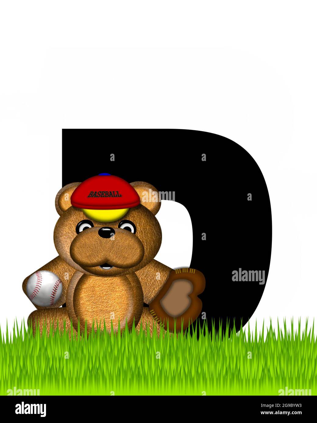 The letter D, in the alphabet set "Teddy Baseball," is black and sits ...