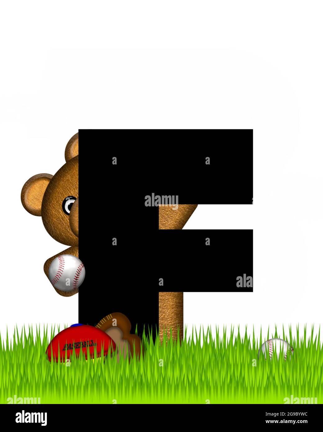 The letter F, in the alphabet set "Teddy Baseball," is black and sits ...