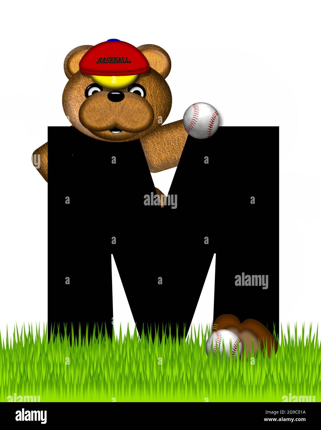 The letter M, in the alphabet set "Teddy Baseball," is black and sits ...