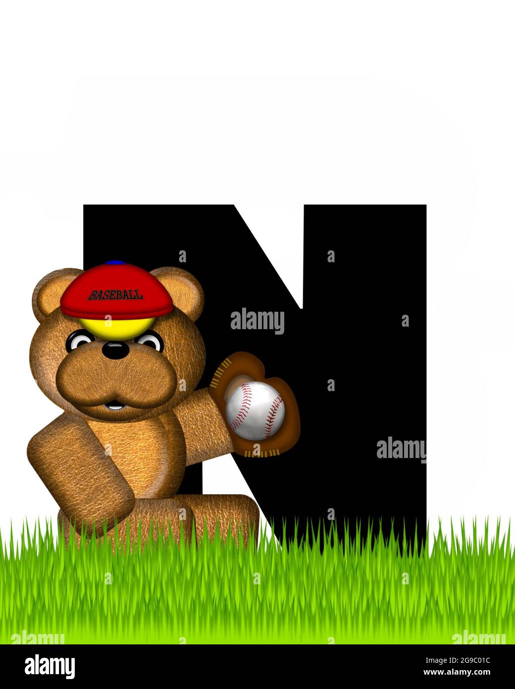 The letter N, in the alphabet set "Teddy Baseball," is black and sits ...
