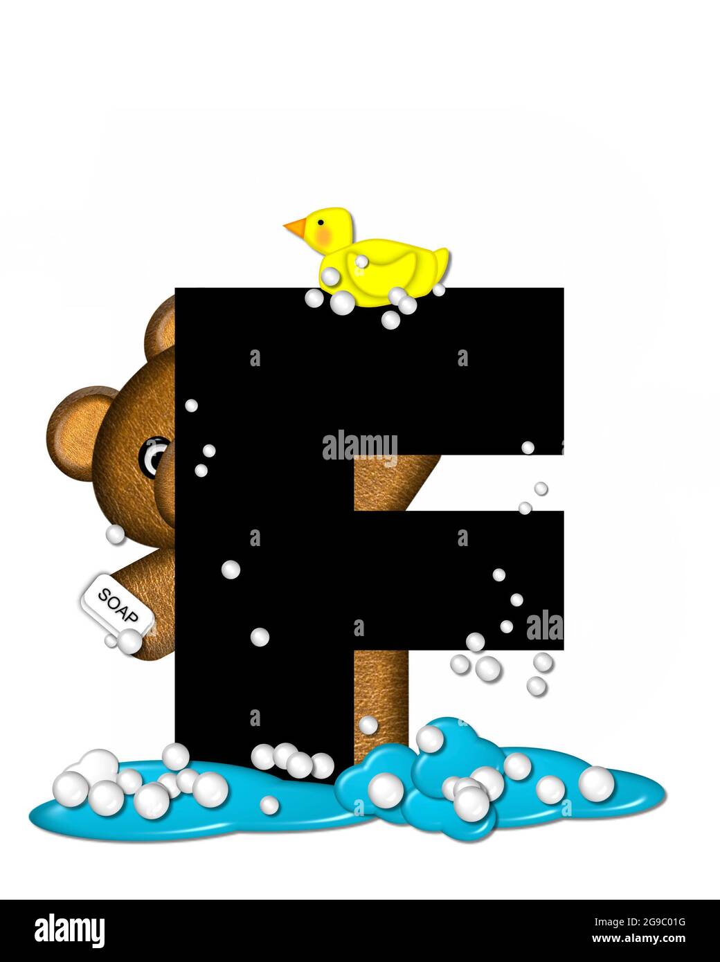The letter F, in the alphabet set "Teddy Bath Time," is black and sits ...