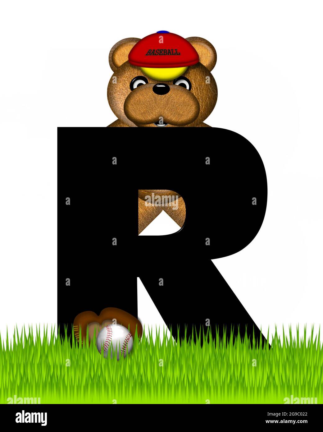 The letter R, in the alphabet set "Teddy Baseball," is black and sits ...
